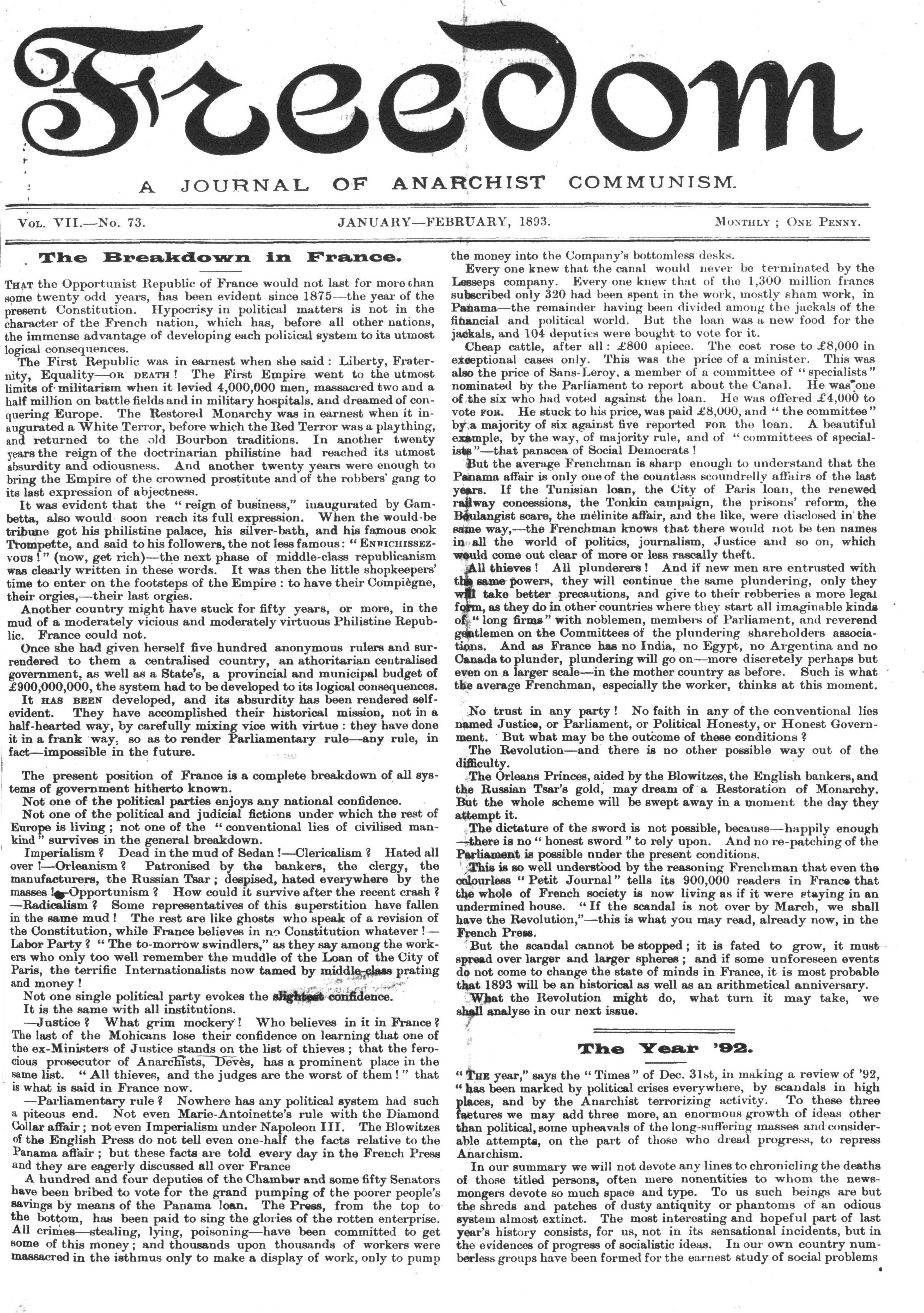 Freedom vol 7. no 73 (January–February 1893) | libcom.org